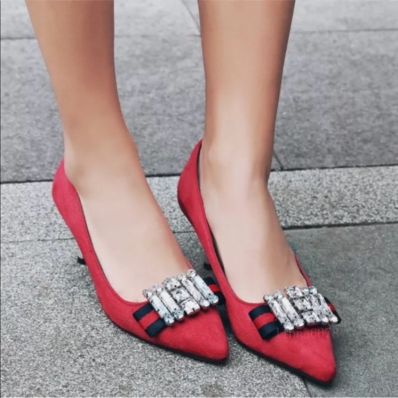 Shoes | Classic Suede Rhinestone Red Shoes | Poshmark